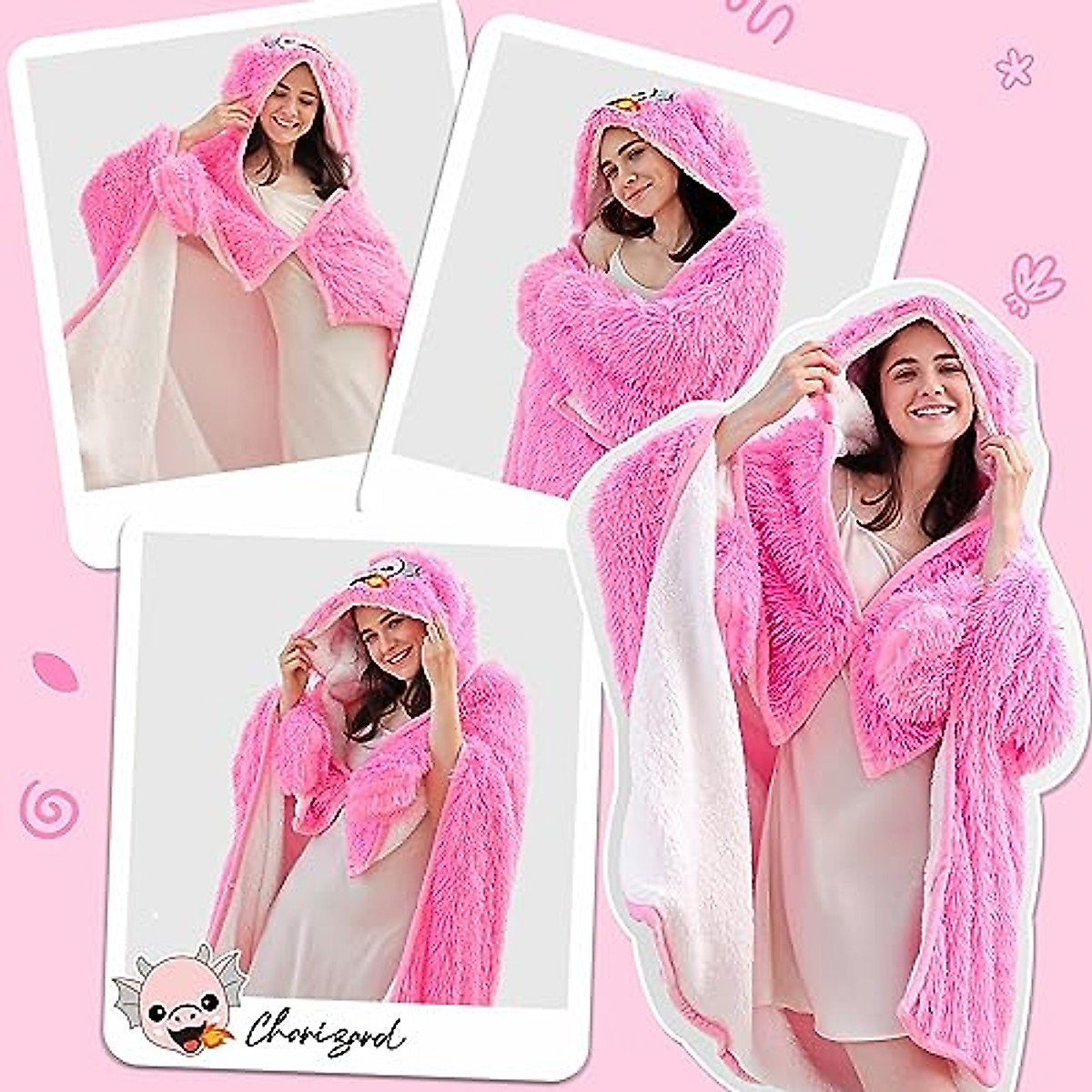YIRDDEO Wearable Blankets Hoodie Pink Fluffy Blanket Cute Dinosaur Oversized Travel Blanket Warm Comfy Adult Picnic Animal Blankets with Plush Sleeves