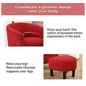 INZOY Modern Accent Chair with Ottoman, Upholstered Barrel Reading Chair with Foot Rest, Comfy Fabric Armchairs for Living Room Bedroom Small Spaces, Easy to Assemble (Red)