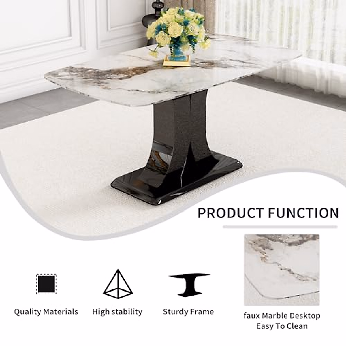 Henf 7-Piece Dining Set Modern Table and Chair Set for 6, Faux Marble Top Dining Table with 6pcs White&Gray Dining Chairs, 63'' White Dining Room Table with MDF Base, Kitchen Table Set for 6