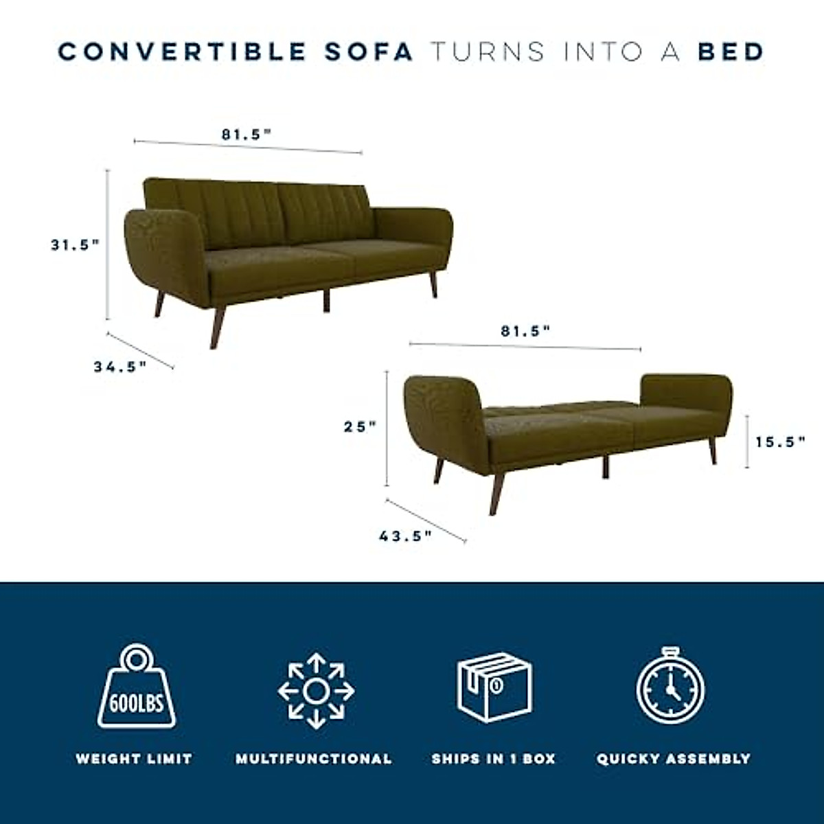 Novogratz Brittany Sofa Futon, Premium Linen Upholstery and Wooden Legs, Green Linen