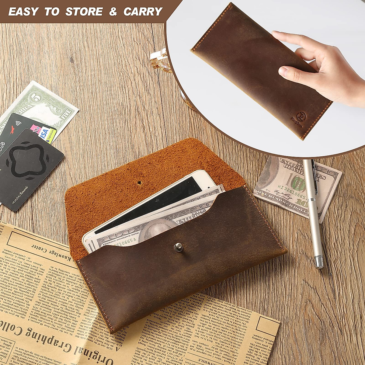 Ringsun Leather Money Cash Envelopes Wallet for Men, Money Bag Pouch Reusable Budget Envelope Wallet, Retro Clutch Wallet, Brown
