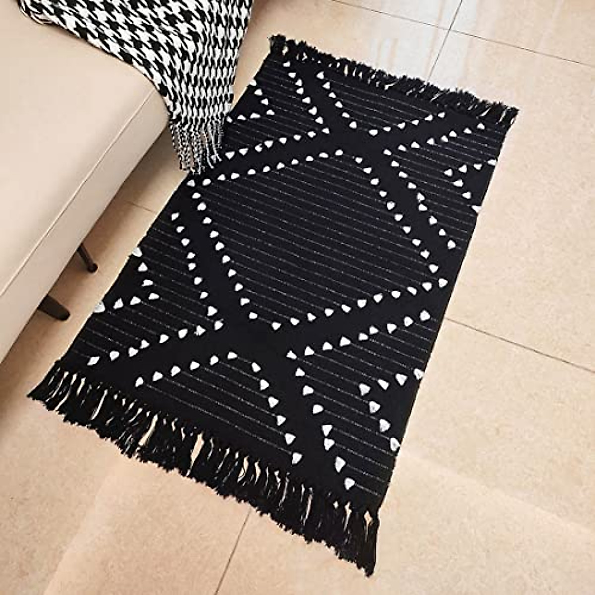 Boho Kitchen Rug 2'x3' Small Bathroom Rug with Tassels,Black Cotton Moroccan Farmhouse Bath Mat Woven Cute Geometric Throw Rug Washable for Entry Hallway Sink Bedroom Living Room Indoor Outdoor Decor