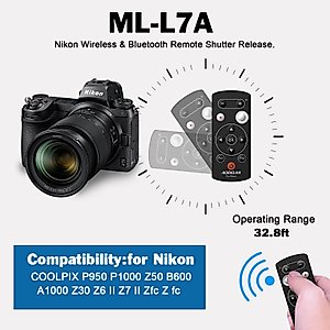 Aodelan Wireless Remote Control for Nikon COOLPIX P950 P1000 Z50 B600 A1000 Z30 Z6 II Z7 II Zfc Z fc,Camera Remote Shutter Release Replaces Nikon ML-L7