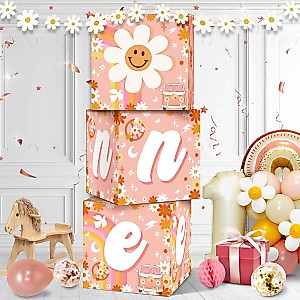 Tewess One Groovy Babe Birthday Party Decorations Balloon Boxes, 3Pcs Boho Groovy 1st Theme Birthday Balloon Boxes for Girl Hippie Daisy Flower Rainbow First Birthday Party Supplies