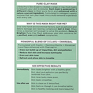 L'Oreal Paris Skincare Pure Clay Face Mask with Charcoal for Dull Skin to Detox & Brighten Skin, Clay Mask, at home face mask, 1.7 oz.