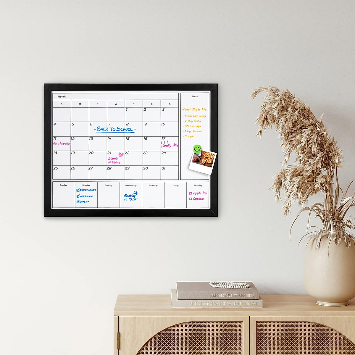 Aitakatta 3-in-1 Dry Erase Calendar for Wall, Magnetic Monthly & Weekly Calendar Whiteboard, Dry Erase Board for Wall with Black Wood Frame, Hanging White Board Calendar for Decor/Memo(YL+ZL-BK,4333)