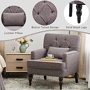 HUIMO Tufted Club Chair with Lumbar Pillow,Upholstered Button Armchair,Accent Reading Chair,Linen Fabric Sofa Chairs for Bedroom, Living Room, Mid Century Modern with Studded Chair Grey