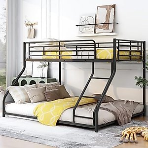HBRR Twin XL Over Queen Bunk Beds, Low Profile Bunk Beds Heavy Duty Steel Bed Frame with Safety Rail and Ladder for Boys Girls Adults Dormitory Bedroom,No Box Spring Needed