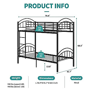 Metal Bunk Beds Frame Twin Over Twin, Convertible Into 2 Individual Metal Bed Frame, Removable Ladder & Safety Guard Rail (Twin Over Twin, Black)