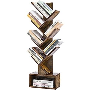 Hoctieon 6 Tier Tree Bookshelf, 6 Shelf Bookcase with Drawer, Modern Book Storage, Free Standing Tree Bookcase, Utility Organizer Shelves for Home Office, Living Room, Bedroom, Rustic Brown
