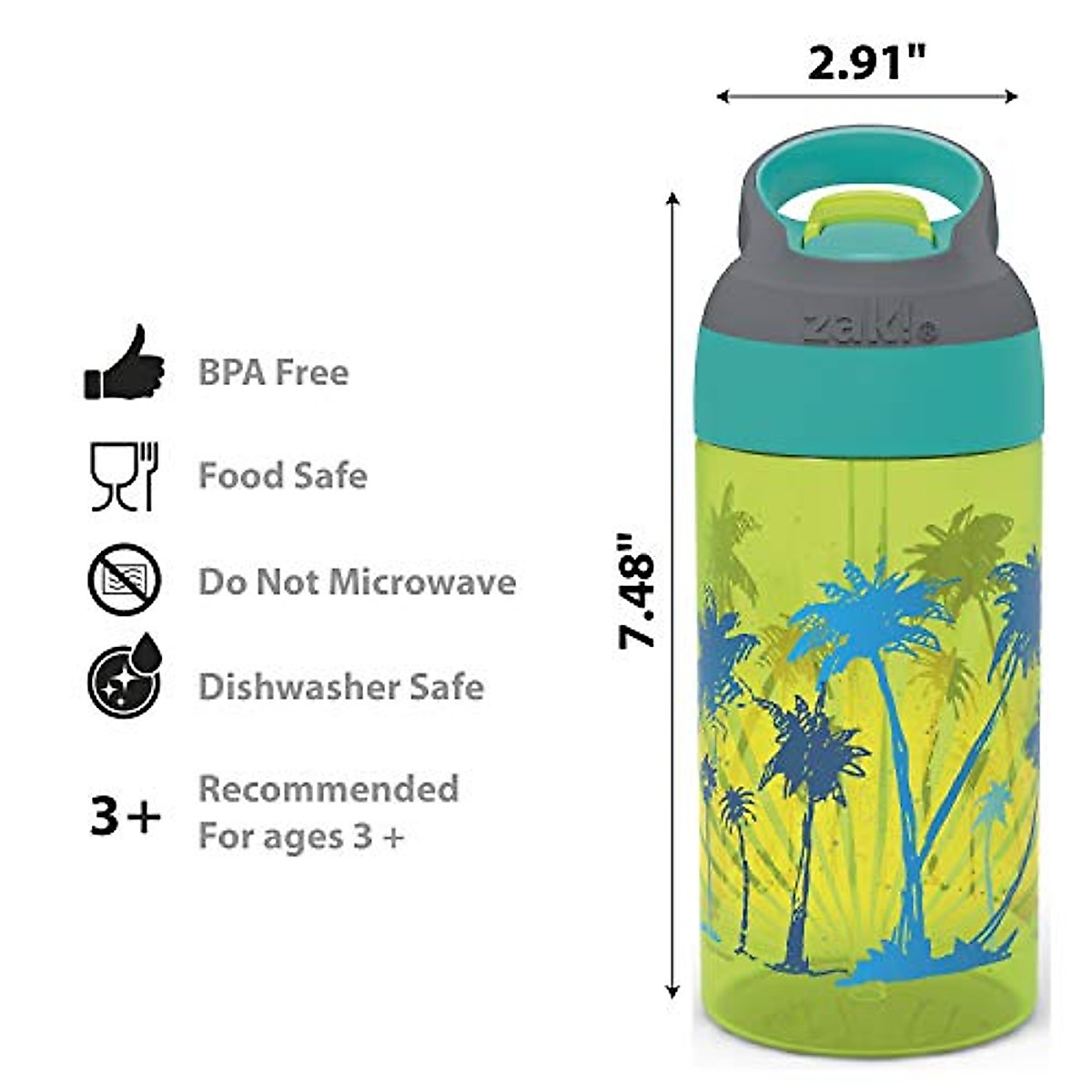 Zak Designs 16oz Riverside Beach Life Kids Water Bottle with Straw and Built in Carrying Loop Made of Durable Plastic, Leak-Proof Design for Travel, 2 count (Pack of 1)