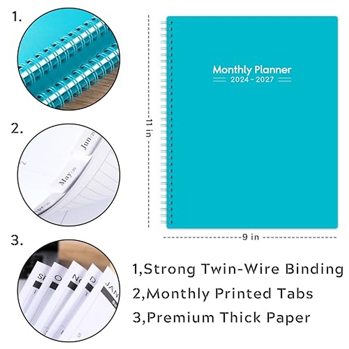 2024-2027 Monthly Planner/Monthly Calendar - 3 Year Monthly Planner 2024-2027, JUL 2024 - JUN 2027, 9" x 11", 36 Monthly Planner + Pocket - Teal