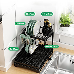 IN VACUUM Dish Drying Rack with Drainboard, 2 Tier Dish Drying Rack with Drainage, Black Kitchen Dish Drying Rack with Cup Holder, Utensil Holder, Dish Drainers for Kitchen Counter
