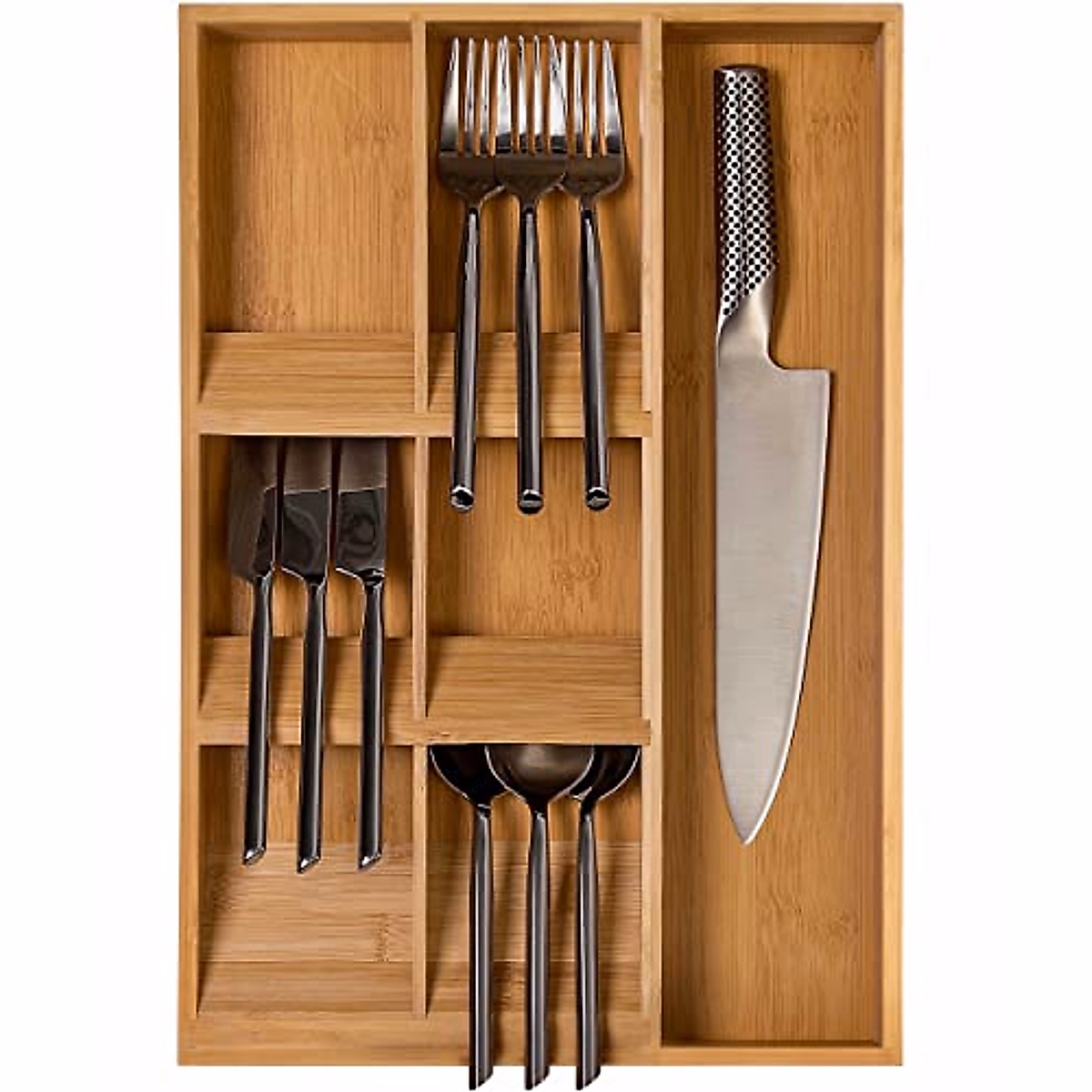 Compact Luxury Bamboo Silverware Organizer - 17" x 11.25" Bamboo Utensil Organizer for Silverware and Utensils - Compact Cutlery Organizer fits most Kitchen Drawers - Narrow Utensil Drawer Organizer