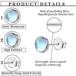 Milacolato 925 Sterling Silver Moonstone Stud Earrings 14K Gold Plated Synthetic Round Shape Moonstone Stud Earrings Small Stud Earrings for Women 6MM