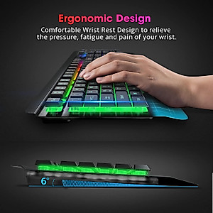 Cudote Gaming Keyboard, USB Wired Keyboard Rainbow Backlit, LED Light Up with Ergonomic Wrist Rest, Multimedia Shortcut Keys, 19 Keys Anti-ghosting, PC for Laptop Desktop Computer, Black