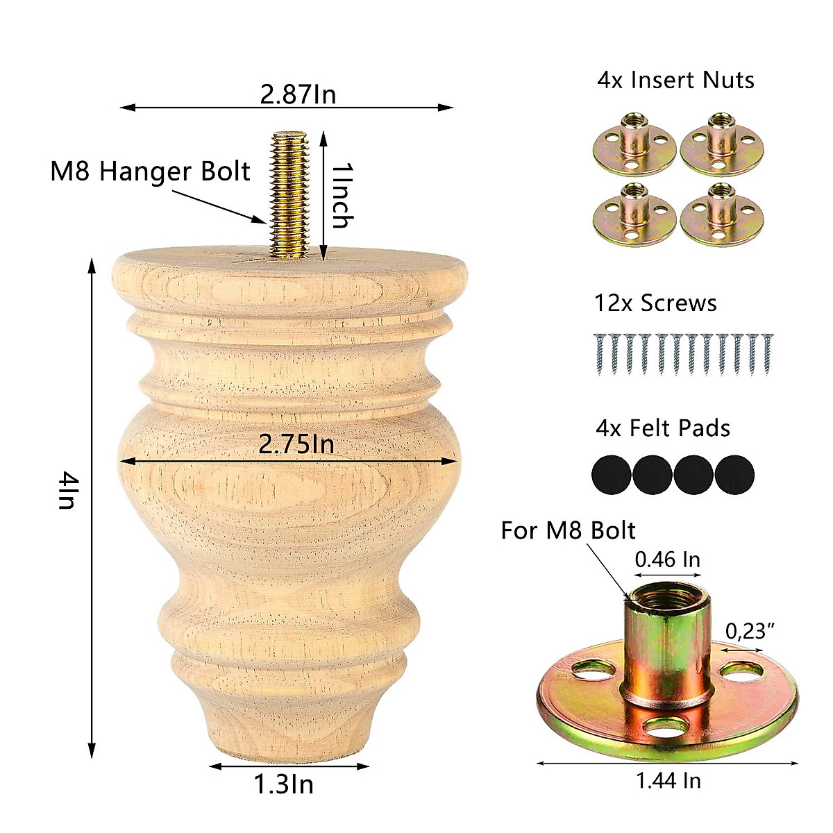 Michanco 4 Inch Unfinished Bun Feet for Couch Sofa Cabinet Ottoman DIY Replacement Wood Furniture Legs Set of 4 M8 Bolt Screw in