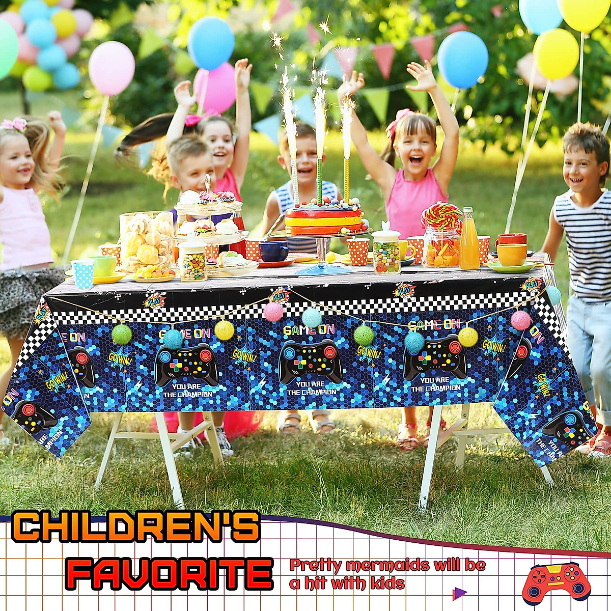 122 Pcs Video Game Party Supplies Tableware Set for 24 Guests Video Game Paper Plates Cups Napkins Plastic Tablecloth Party Tableware Serves for Gaming Birthday Party Decorations