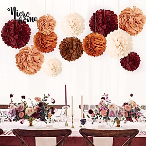 NICROHOME 12 PCS Wedding Party Decorations - Carmine, Rust Orange, Light Brown Tissue Paper Pom Poms for Rustic Wedding, Retro Parties, Baby Shower, Birthday,Thanksgiving