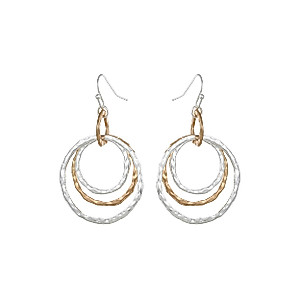Bohemian Boho Round Circle Hoop Dangle Drop Earrings for Women – Delicate – Hammer Texture – Matte Plated – with Gift Box Included (MATTE SILVER & GOLD TWO TONE - MULTI-CIRCLE DROP)
