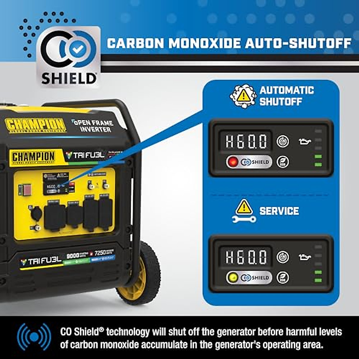 Champion Power Equipment 201176 9000-Watt Electric Start Tri-Fuel Open Frame Inverter Generator with CO Shield