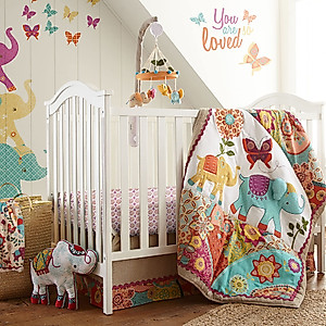 Levtex Baby - Zahara Diaper Changing Pad Cover - Fits Most Standard Changing Pads - Boho Elephants, Leaves and Flowers - Orange, Teal, Yellow, Red, Fuchsia - Nursery Accessories - Plush