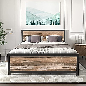 Full Size Bed Frames with Headboard Full Platform Bed Frame Rustic Wood Platform Metal Bed Frame Full Size Bed Frames with Storage No Box Spring Needed Heavy Duty Slat Support (Industrial Brown, Full)