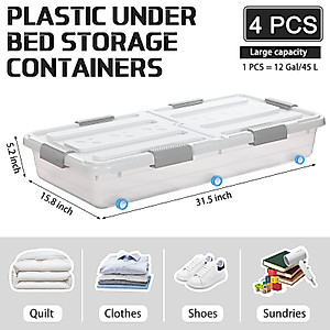 Beeveer 4 Pcs Plastic Under Bed Storage Containers with Double Opening Lids Wheel Handle, Transparent Large Capacity Stackable Latching Storage Bins for Closet Bedroom, 31.5 x 15.8 x 5.2 Inch(White)