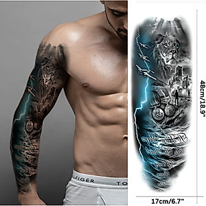 Briyhose Lion Wolf Temporary Tattoo Sleeve, Large Full Arm Animal Tribal Fake Tattoos Sleeve For Men Women Adult, Long Lasting Black Arm Temp Tatoo Sticker Leg Body Art Makeup, 4-Sheet