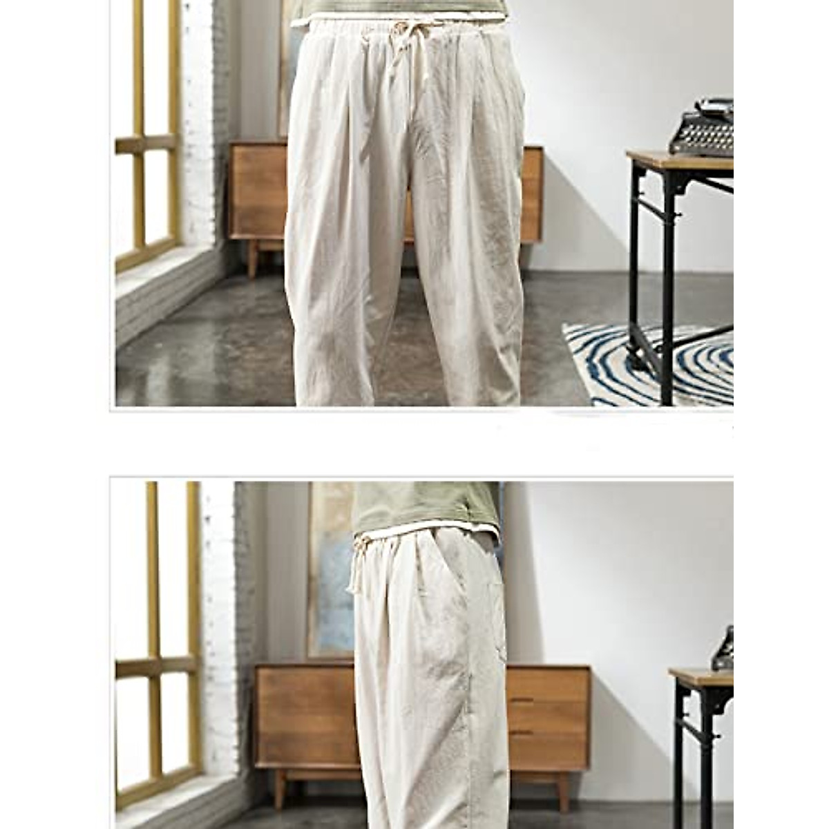 Zontroldy Men's Pants Cotton Linen Yoga Golf Beach Jogger Sweat Lounge Harem Pants Trousers(0009-Khaki1-L)