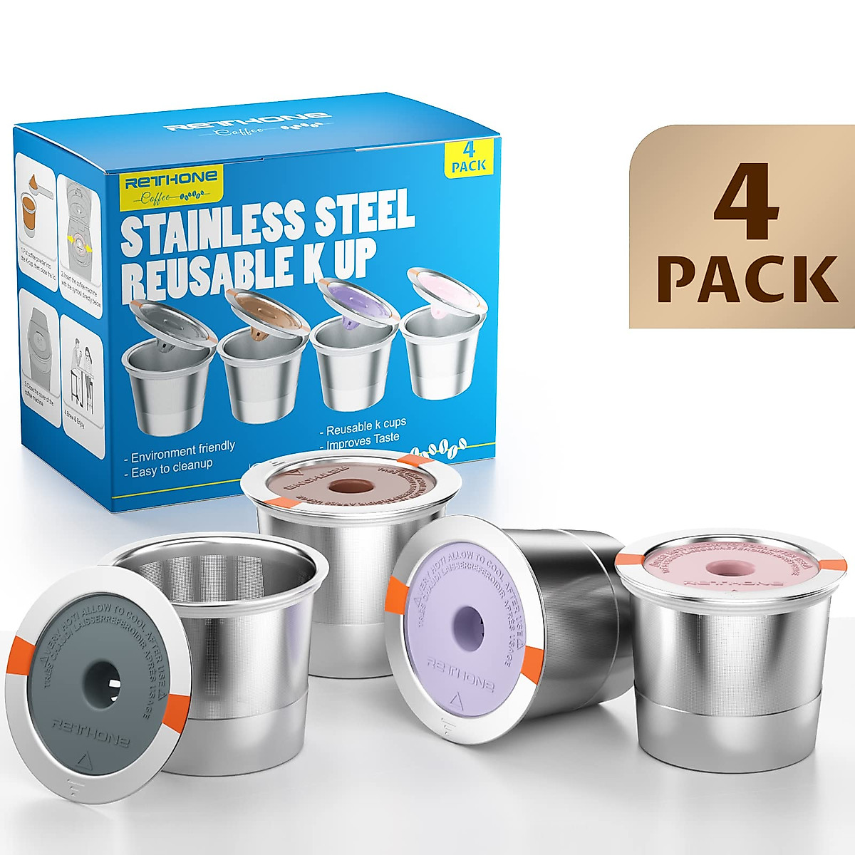 RETHONE K Cup Reusable Coffee Pods, Stainless Steel Reusable K Cups Coffee Filter Compatible with Keurig 1.0 & 2.0 Coffee Makers BPA-Free Refillable Coffee Filters (4 Pack)