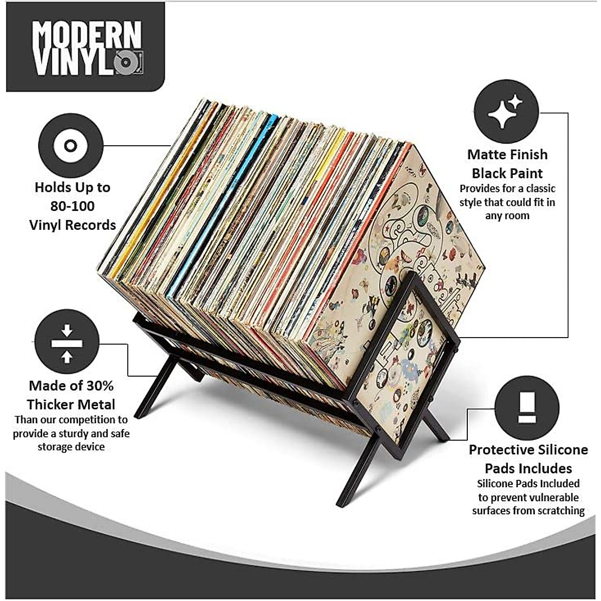 MODERN VINYL Record Holder - Matte Black Metal - 80-100 LP Storage - Simple, Quick Assembly - Vinyl Display, Storage - High-End Design - Protects Vinyl - Organize Albums - Book, Magazine, Files
