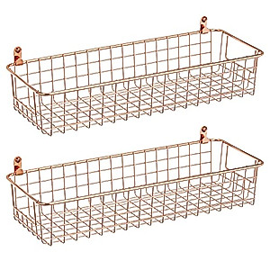 mDesign Wallmount Metal Storage Basket Tray with Handles - Decorative Organizer for Hanging in Entryway, Mudroom, Bedroom, Bathroom, Laundry Room - Small - Hooks Included - 2 Pack - Rose Gold