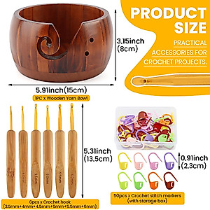 Wooden Yarn Bowl with 6pcs Metal Crochet Hooks and 50pcs Crochet Stitch Markers, Knitting Yarn Bowl with Holes Storage, Handmade Yarn Storage Bowl for DIY Knitting Crocheting Accessories