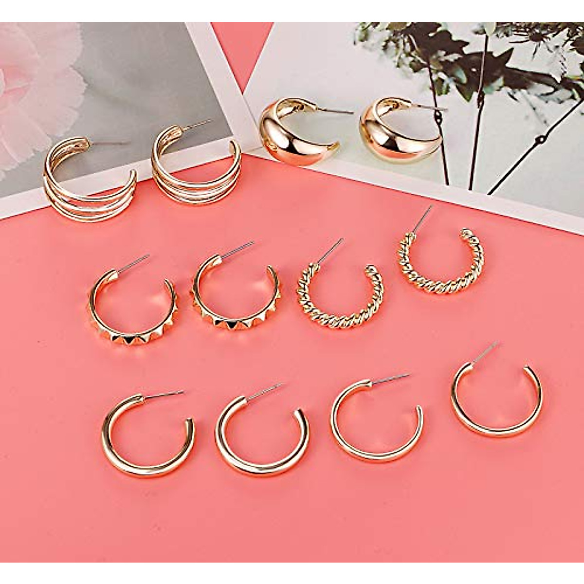 6 Pairs Small Gold Hoop Earrings for Women Pack - Small Hoop Earrings Set - Womens Earrings -Gold Earrings for Women - Thick Gold Earring Set-Chunky Hoops - Wide Hoop Earrings for Teen Girls
