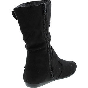 Link Klein-70K Girl's Kid's Faux Suede Two Buckle Zipper Flat Heel Mid Calf Slouchy Boot Shoes,Black,2