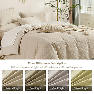 JELLYMONI Creamgrey Duvet Cover Twin Size - 3 Pieces Soft and Breathable Microfiber Knitted Jacquard Waffle Weave Striped Comforter Cover with 8 Corner Ties & Zipper Closure