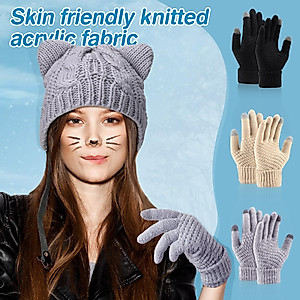 Toulite 3 Sets Winter Beanie Hat Gloves Set Cute Warm Skull Cap Touchscreen Gloves Set Cat Beanie Knitted Hat Touch Screen Knit Gloves for Women Girls Halloween Multicolor