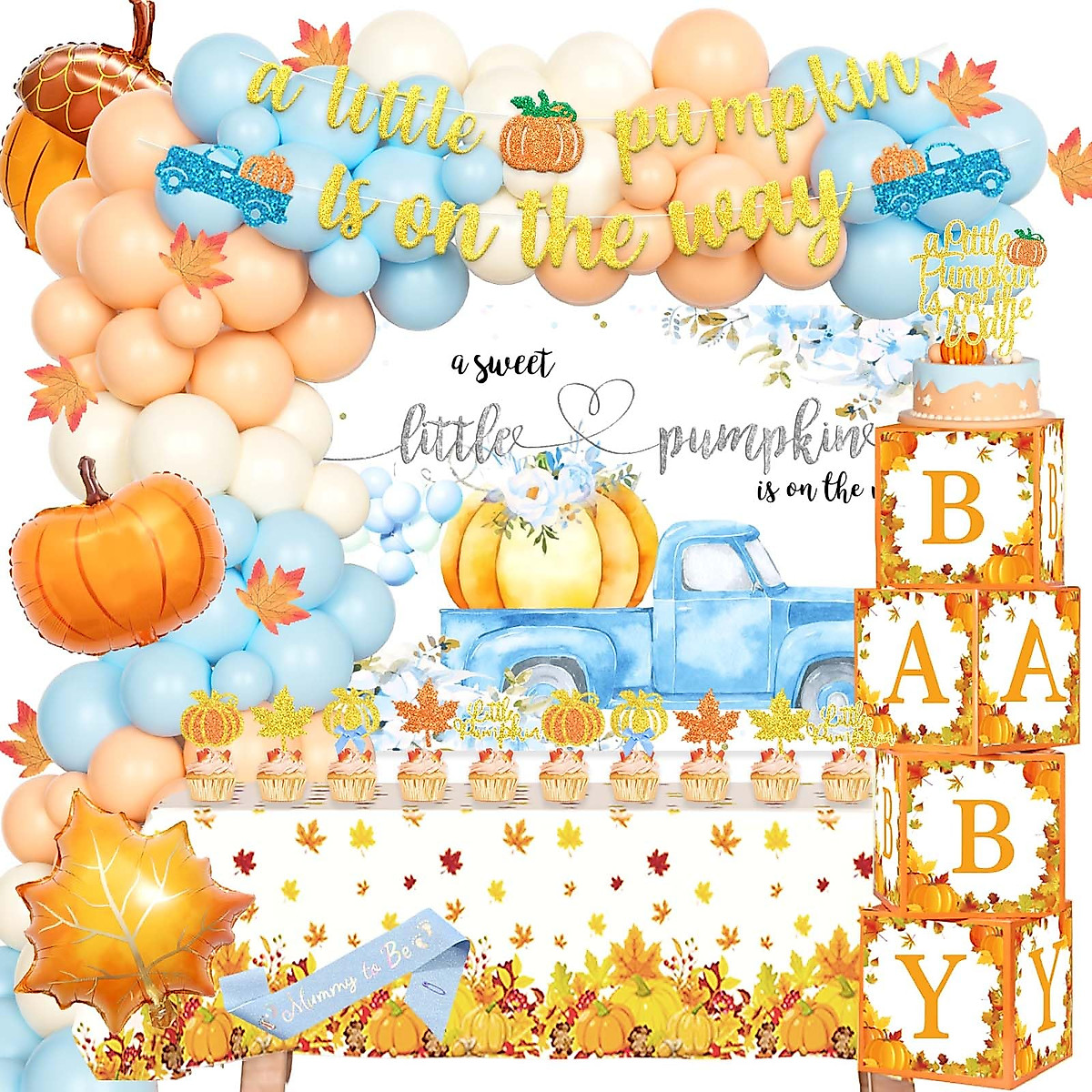 Fiesec Little Pumpkin Baby Shower Decorations for Boy, Thanksgiving Fall Baby Shower Backdrop Balloon Garland Maple Leaf Banner Tablecloth Box Cutout Cake Cupcake Topper Sash Blue Orange 173 PCs