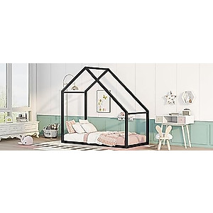 Epinki Twin Size Metal House Bed Kids Bed, Black, Kids Bed, No Box Spring Needed, Easy Assembly