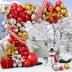 Bonropin Christmas Balloon Garland Arch Kit with Xmas Red and Gold Silver Balloons Candy Cane Balloons Gift Box Balloons Starburst Balloons for New Year Winter Christmas Party Decorations
