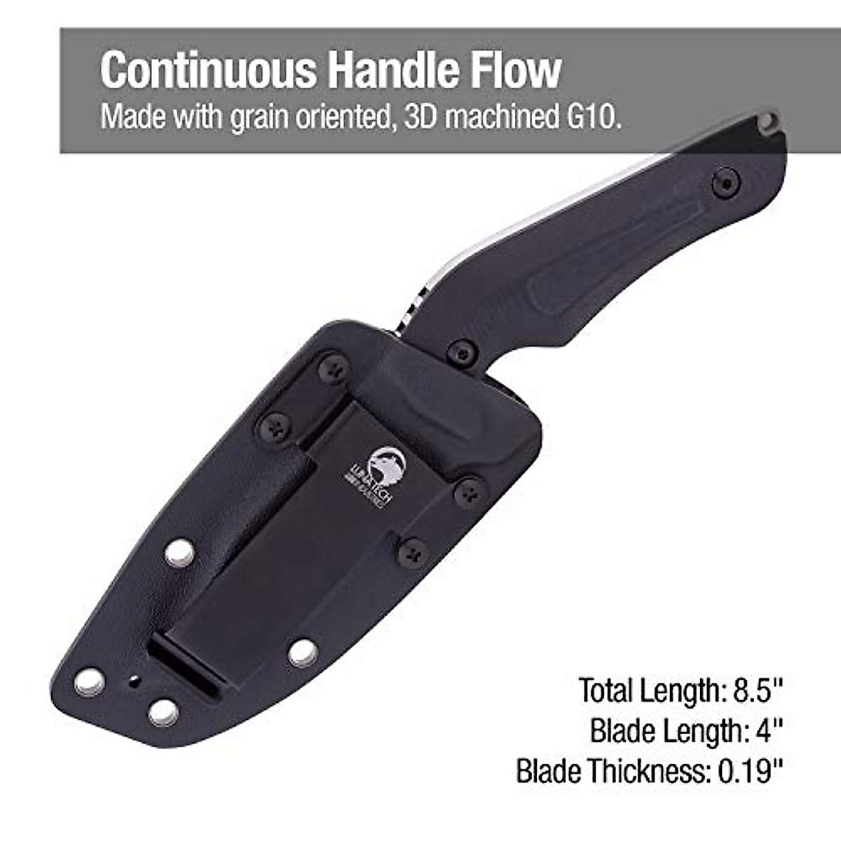 Luna Tech, LTK9704, 8.5In. Brous Tactical Knife, D2 Steel Fixed Blade, Grain Oriented 3D Machined G10 Handle, includes Lightweight Kydex Sheath with Clips