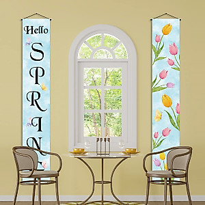 Nepnuser Hello Spring Porch Banner Spring Tulips Flower Front Door Window Wall Indoor Outdoor Decoration Photo Booth Backdrop