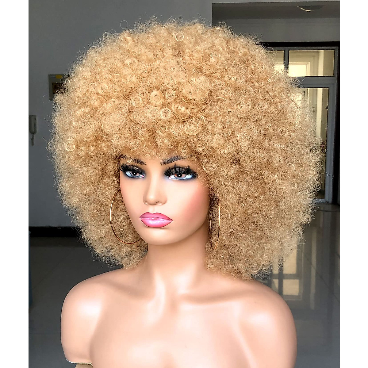 HIHOO Short Afro Wig with Bangs for Black Women Afro Kinky Curly Wig 70s Premium Synthetic Big Afro Wig(Blonde)