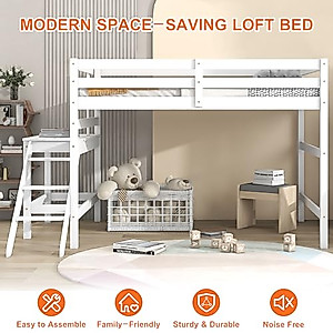 Dolonm Full Loft Bed with Platform, Wooden Low Height Loft Bed Frame with Ladder, Metal Loft Bed Frame for Kids Teens Adults, Full Size for Bedrooms, White