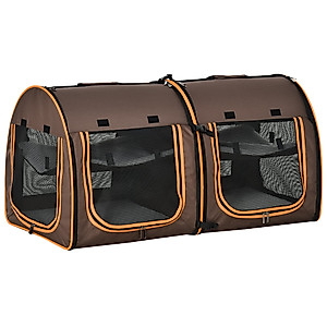 PawHut 39" Portable Soft-Sided Pet Cat Carrier with Divider, Two Compartments, Soft Cushions, & Storage Bag, Brown