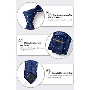 HISDERN Navy Blue Ties for Men Formal Business Woven Silk Tie and Pocket Square Classic Polka Dot Ties for Men Wedding Party Neckties Handkerchief Set