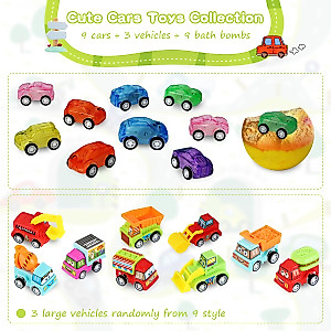 Bath Bombs for Kids with Surprise Inside, 9 Pack Pull-Back Cars Organic Rich Foam Color Bubble Set with 3 Multifunctional Vehicles, Gentle and Kids Safe for Boys Girls Birthday Christmas