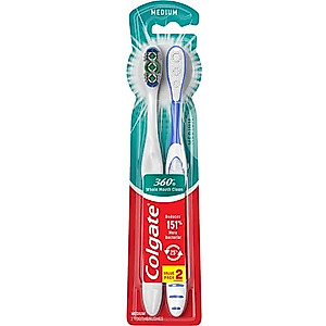 Colgate 360° Toothbrush with Tongue and Cheek Cleaner, Medium - 2 Count