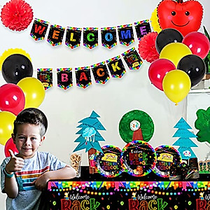 Welcome Back to School Decorations-School Bus Party Supplies Cutlery Set Back to School Banner, Back to School Tablecloth, School Bus Plate for Bus Wheel Parties School Bus Themed Party (BLACK)
